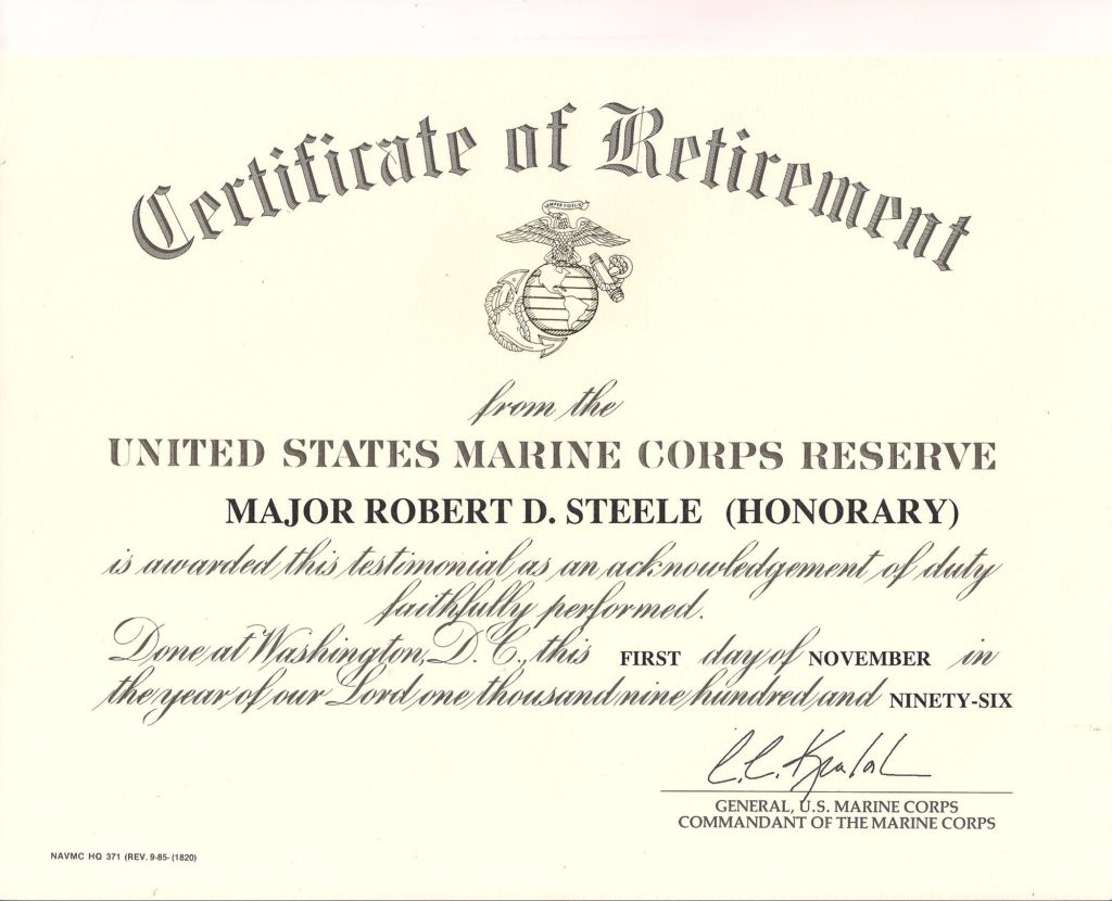 Robert Steele USMC Retirement Certificate – Public Intelligence Blog